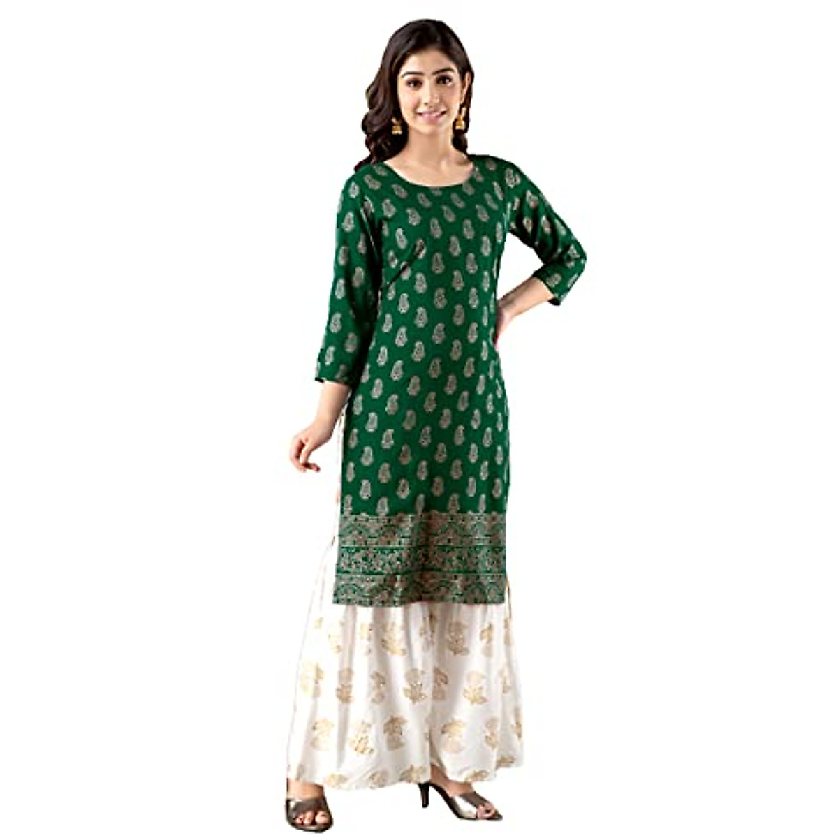 Chandrakala Women's Rayon Cotton Tunic Top 3/4th Sleeve Straight Kurti Kurta,X-Large,Bottle Green (K163BOT4)