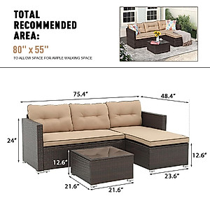 JOIVI Patio Conversation Set, PE Wicker Rattan Outdoor Furniture Set, 2 Ways Small Sectional Sofa Lounge and Love Seat with Cushions, Tempered Glass Coffee Table, Beige