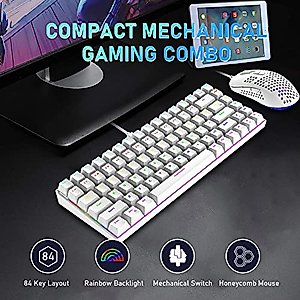Mechanical Gaming Keyboard and Mouse Combo with 20 Rainbow Backlight 84 Key Anti-ghosting Ergonomic Waterproof Type-C Wired 2400 DPI Honeycomb Mice for PC Mac Gamer Computer Typist(White/Blue Switch)