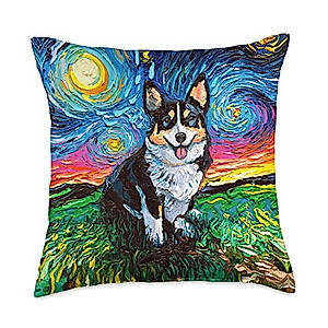 Sagittarius Gallery Tri Color Pembroke Welsh Corgi Starry Night Dog Art by Aja Throw Pillow, 18x18, Multicolor