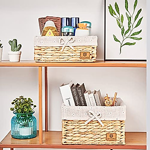 QH & Garden Hand-Woven Water Hyacinth Storage Baskets,Decorative Rectangular Wicker Basket with Detachable Liner,Natural Seagrass Woven Organizer Baskets for Shelves (set of 3)