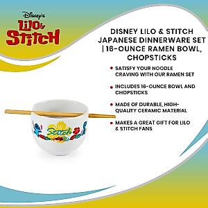 Robe Factory LLC Disney Lilo & Stitch Japanese Dinnerware Set | 16-Ounce Ramen Bowl, Chopsticks