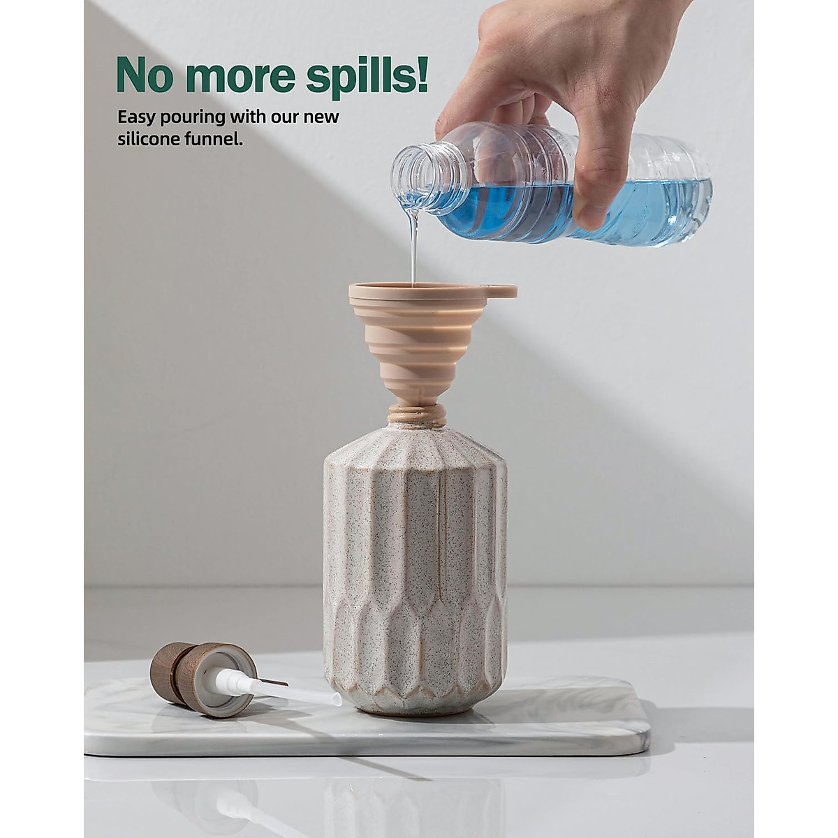 Fun Elements Bathroom Soap Dispenser, 16 Oz Luxurious Hand soap Dispenser for Bathroom, Ceramic Liquid Soap Dispenser for Bathroom Countertop with Plastic Pump, Silicone Funnel (Wooden Color Pump)