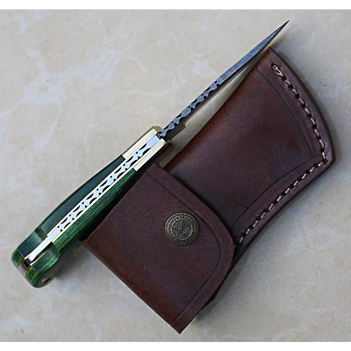 Nesmo-504 Handmade Damascus Steel folding knife 6.5'' Pocket Knife With Leather Pouch, Back Lock Knife For Hunting, Camping, Skining and outdoor (Green Pakka Wood Handle)