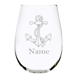 Nautical anchor with name 17 oz. stemless wine glass