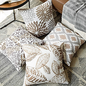 Phantoscope Set of 4 New Living Series Fall Leaf Geometric Coffee Throw Decorative Pillow Cover Cushion Cover 18 x 18 inches 45 x 45 cm