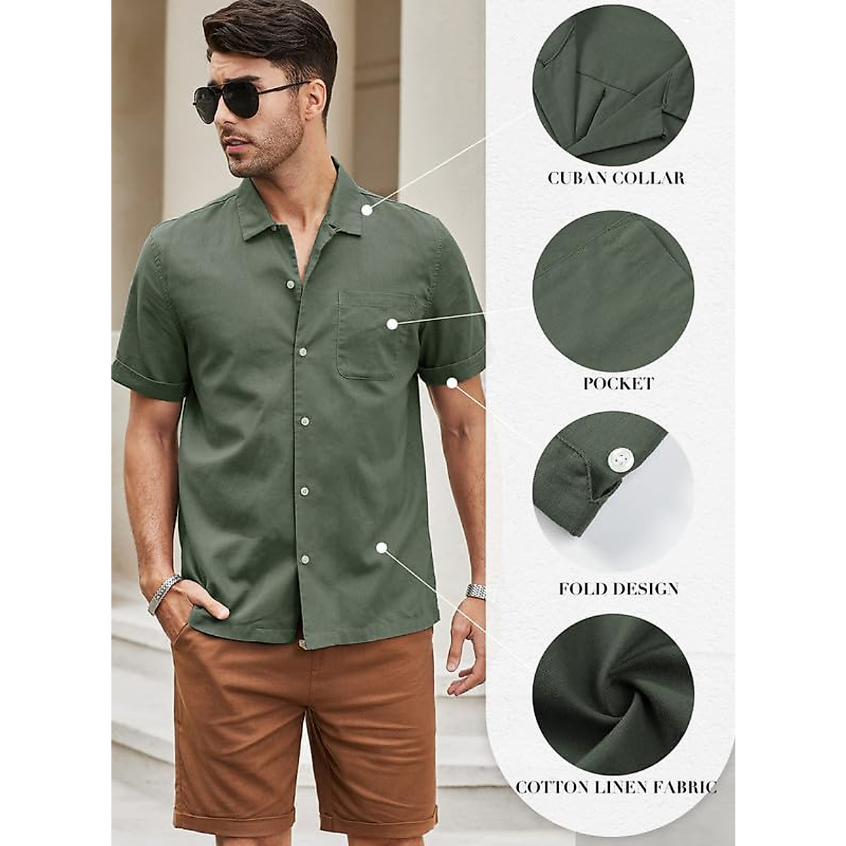 JMIERR Men's Linen Cotton Hawaiian Shirt, Casual Button Down Beach Wear, Cuban Collar Short Sleeve with Pocket - XL, Green