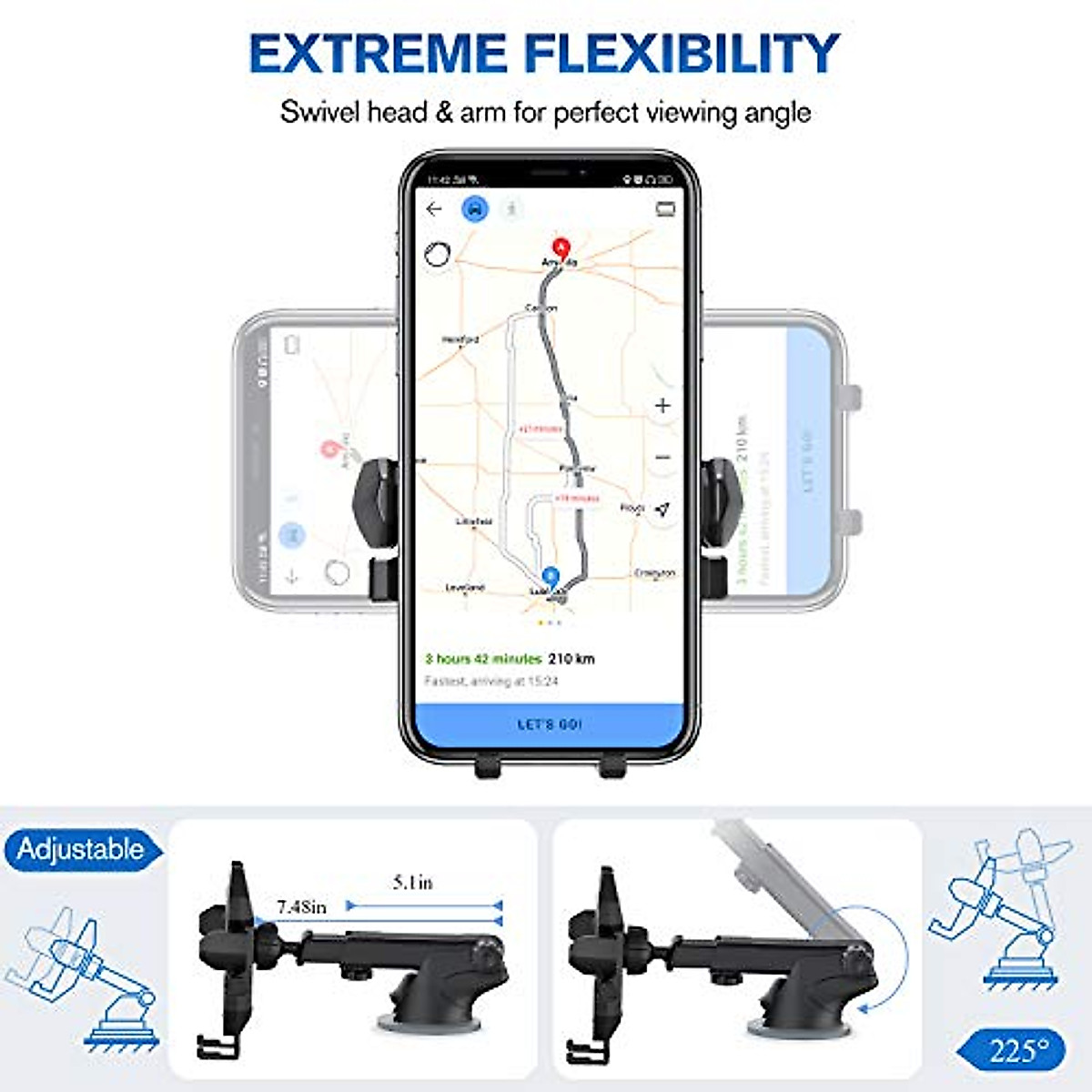 Manords Car Phone Mount Holder for Dashboard Windshield Compatible with All iPhone & Android Cell Phones, Black