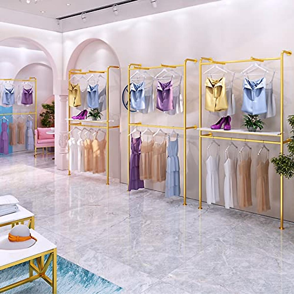 FURVOKIA Creative Wall Mounted 2 Tier Clothes Display Rack,Clothing Retail Store Floor-Standing Garment Rack,Organization Clothing Metal Hanging Rod,Storage Bags Shelf (59" L, Gold without Wood)