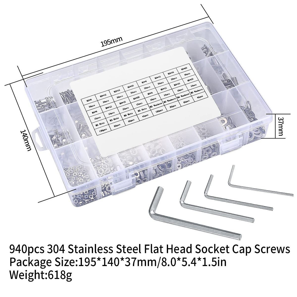 950 Pcs Flat Head Hex Socket Head Cap Screws Bolts and Nuts and Washers Assortment Kit, M2/M3/M4/M5 Allen Socket Drive Stainless Steel Bolts Nuts Washers Set