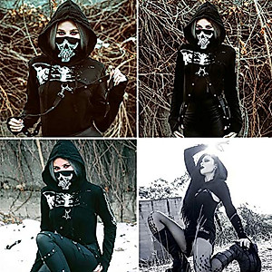 Women Gothic Skeleton Print Hoodies Mask Bandage Crop Top Lace Up Pullover Sweatshirt for Rave Festivals Streetwear