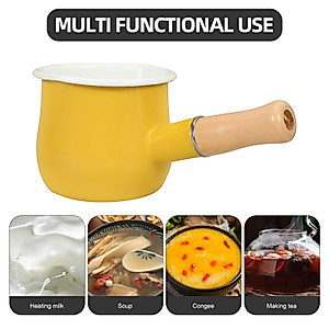 HOLIDYOYO Enamel Milk Pan Sauce Pan Butter Warmer Noodle Bowl Ceramic Mini Cooking Pot with Wood Handle for Noodle Butter Coffee Baby Food