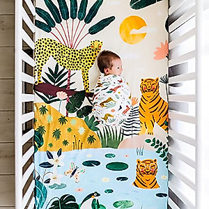 Rookie Humans 100% Cotton Sateen Fitted Crib Sheet: in The Jungle. Modern Nursery, Use as a Photo Background for Your Baby Pictures. Standard Crib Size (52 x 28 inches)