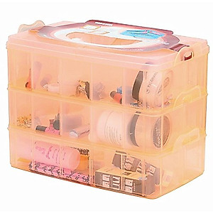 DJUNXYAN 3-Tier 30 Sections Transparent Stackable Adjustable Compartment Slot Plastic Craft Storage Box Organizer for Toy Desktop Jewelry Accessory Drawer Or Kitchen 4 Colors 3 Sizes(Large Orange)