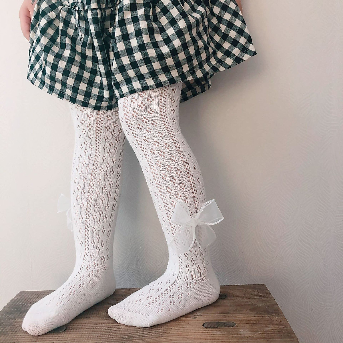 CHUNG Baby Girls Cotton Tights Thin Hallow Summer with Bowknot Lace Fashion Toddler Crochet Footed Legging (1-2 Years, White)