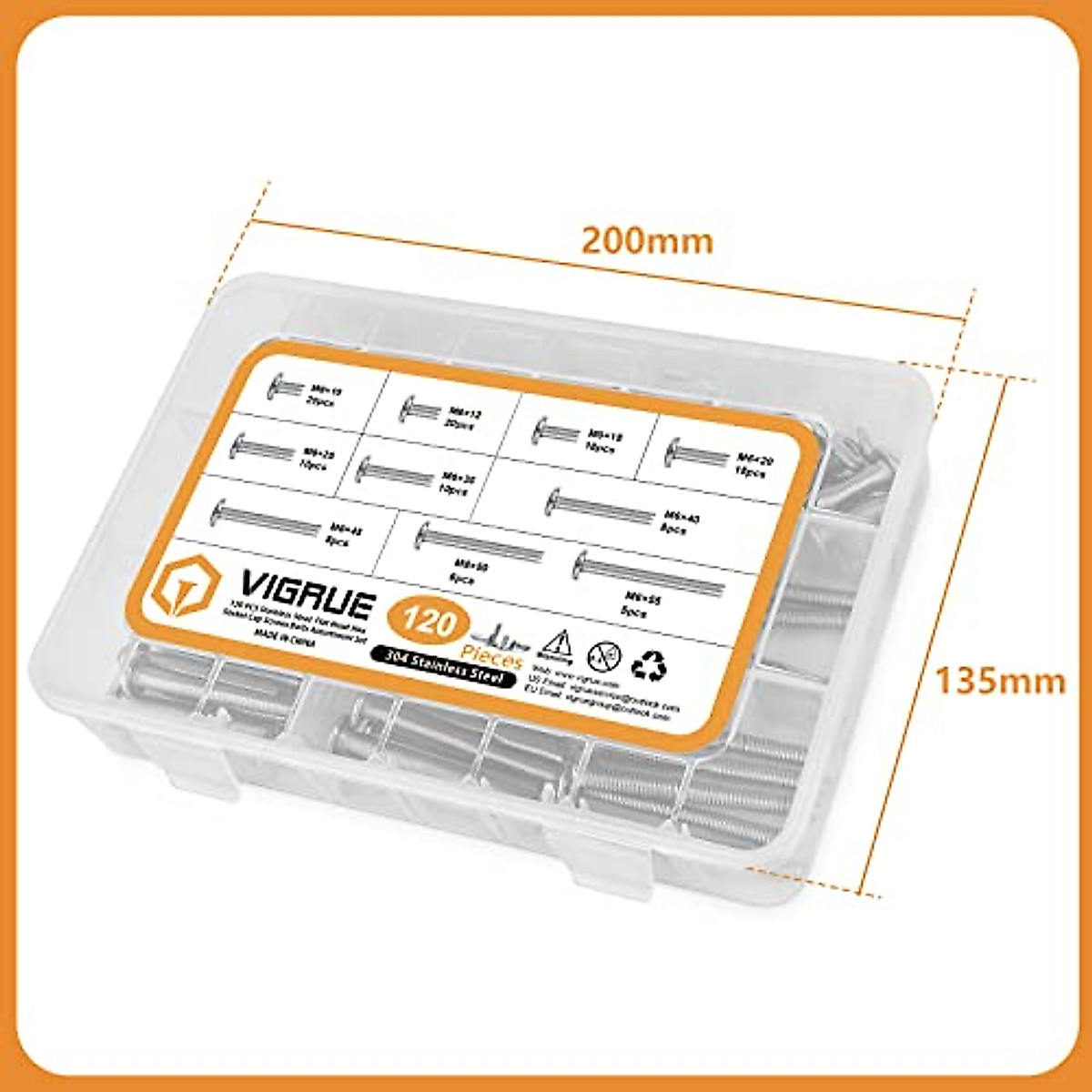VIGRUE 120pcs Furniture Screws M6 x 10/12/15/20/25/30/40/45/50/55mm Elegant Design Furniture Connecting 304 Stainless Steel, Full Thread, Bright Finish, Machine Thread