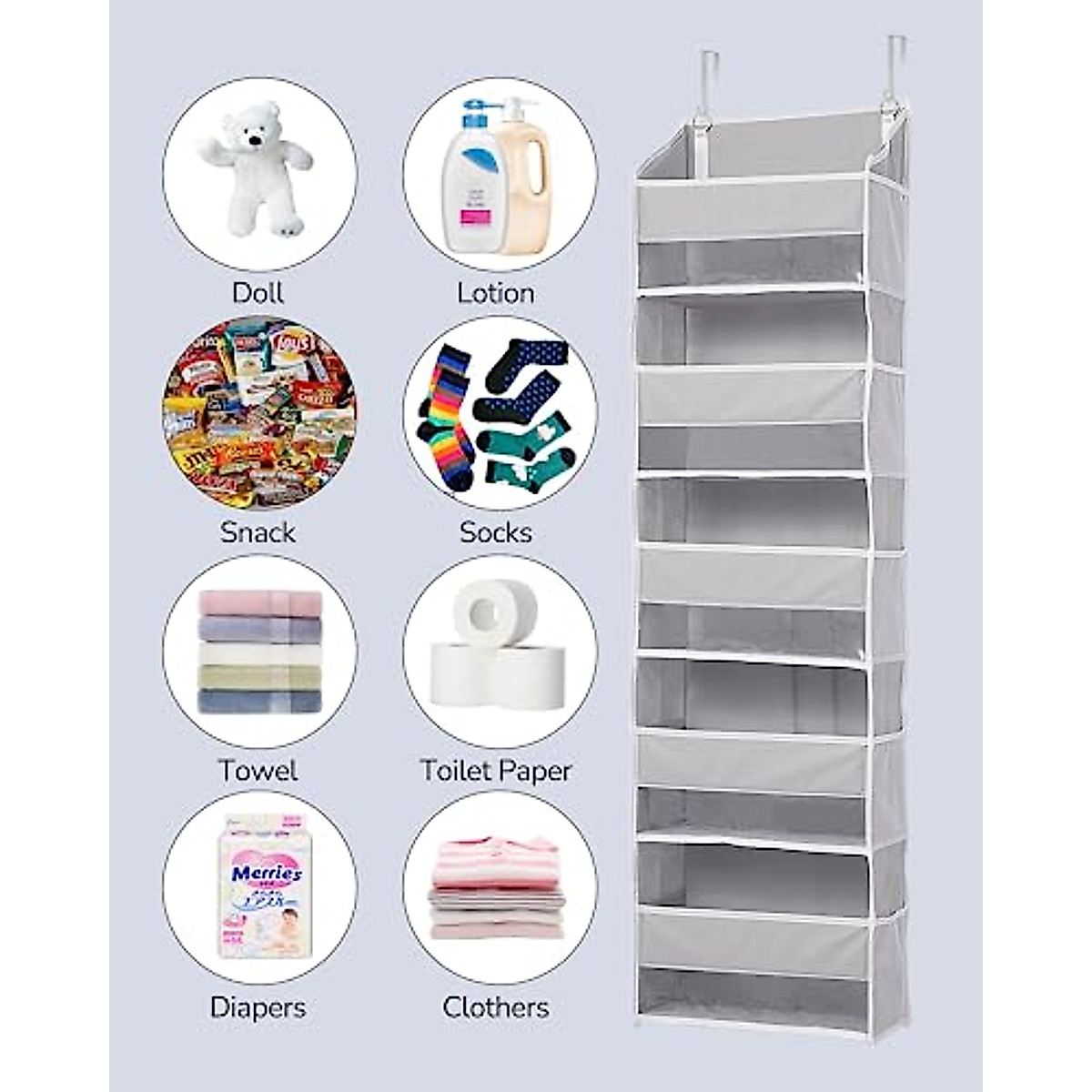 ULG 1 Pack Over Door Organizer with 5 Large Pockets 10 Mesh Side Pockets, 44 lbs Weight Capacity Hanging Storage Organizer with Clear Window for Kids Toys, Shoes, Diapers, Grey, 5 Layer