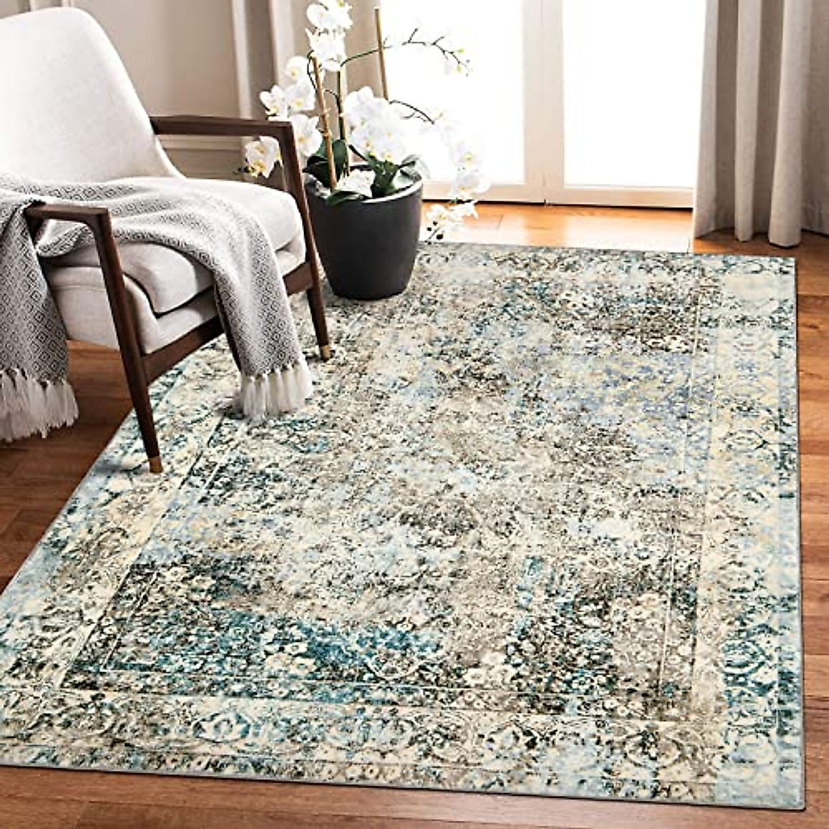 U'Artlines Madison Collection FAR120A Boho Chic Farshe Trellis Non-Shedding Living Room Entryway Foyer Hallway Bedroom Area Rug, 4' x 6' , Aqua Gris Non Slip Washable Area Rug