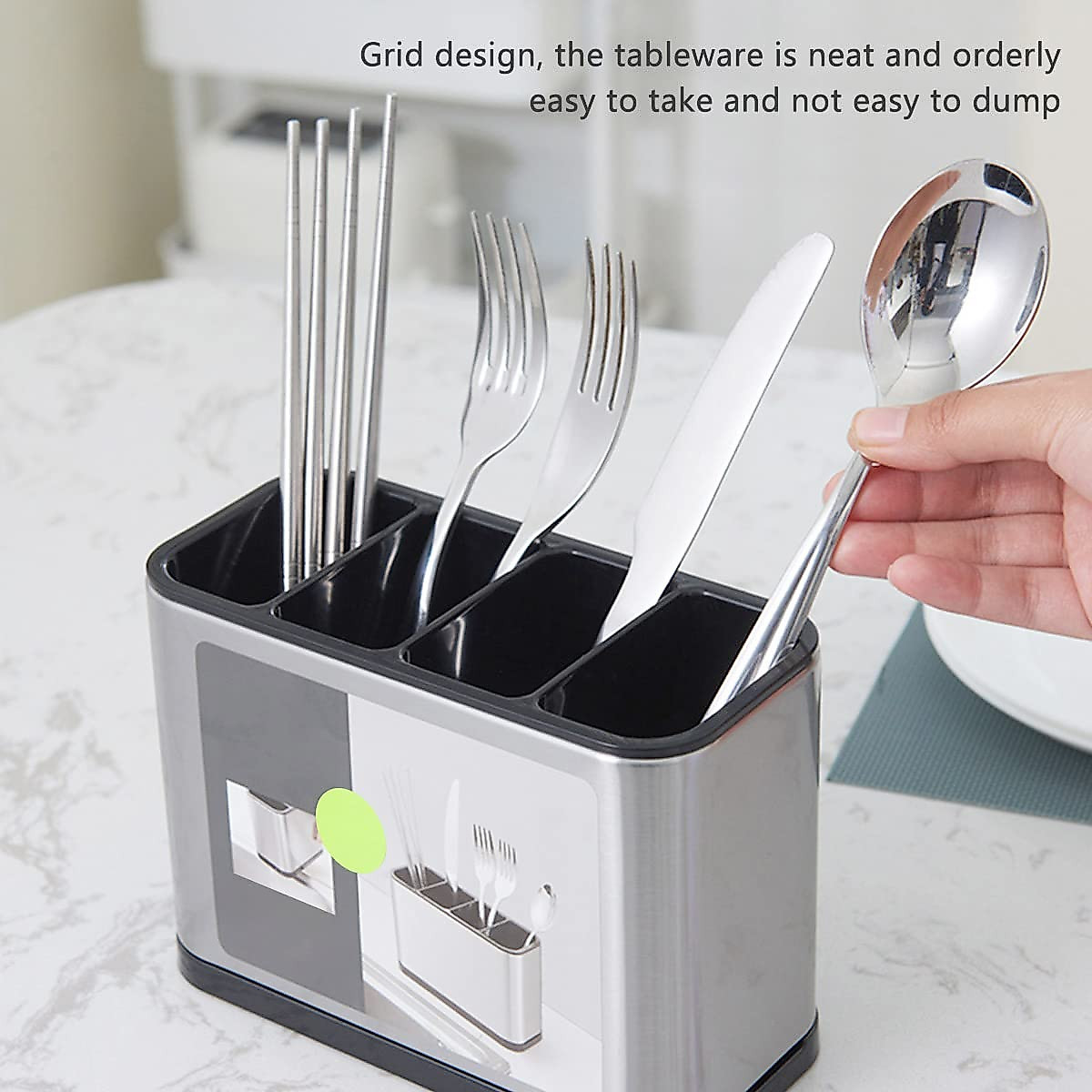 Keyohome Kitchen Cutlery Holder Stainless Steel Large Capacity Utensil Holder with Divider Weighted Base for No Tipping for All Kitchens Countertop or Table,18x13x8.6cm