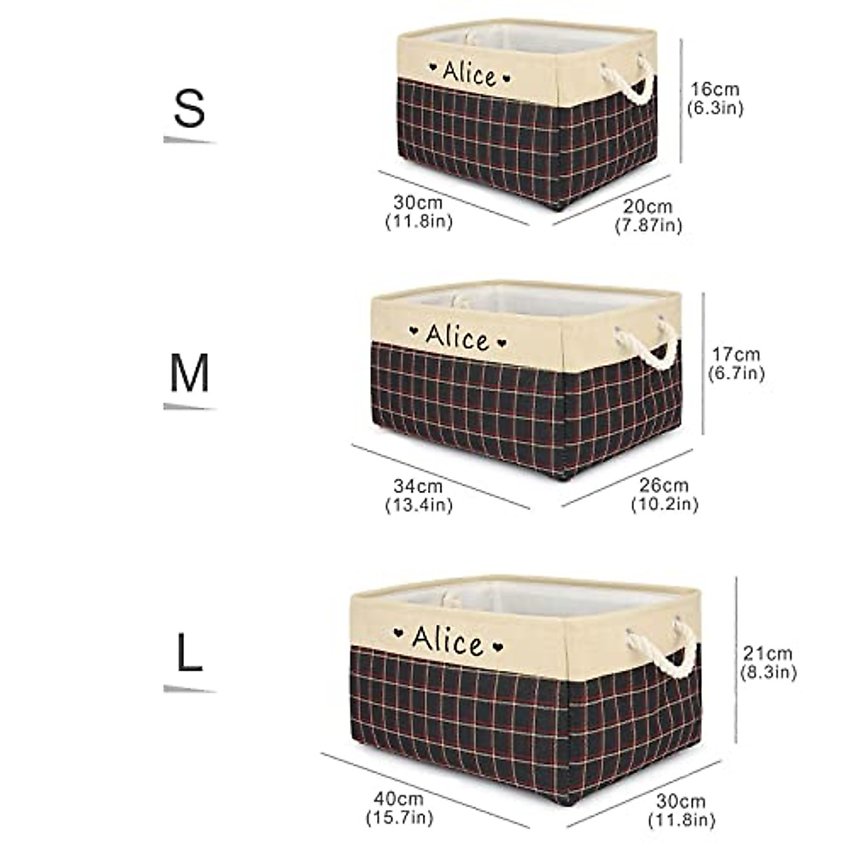 TONYFY Personalized Foldable Storage Basket, Plaid Customized Pet's Name Storage Box with Handles for Organizing Dog Toys, Clothing, Apparel & Accessories (Heart Black Beige-L)