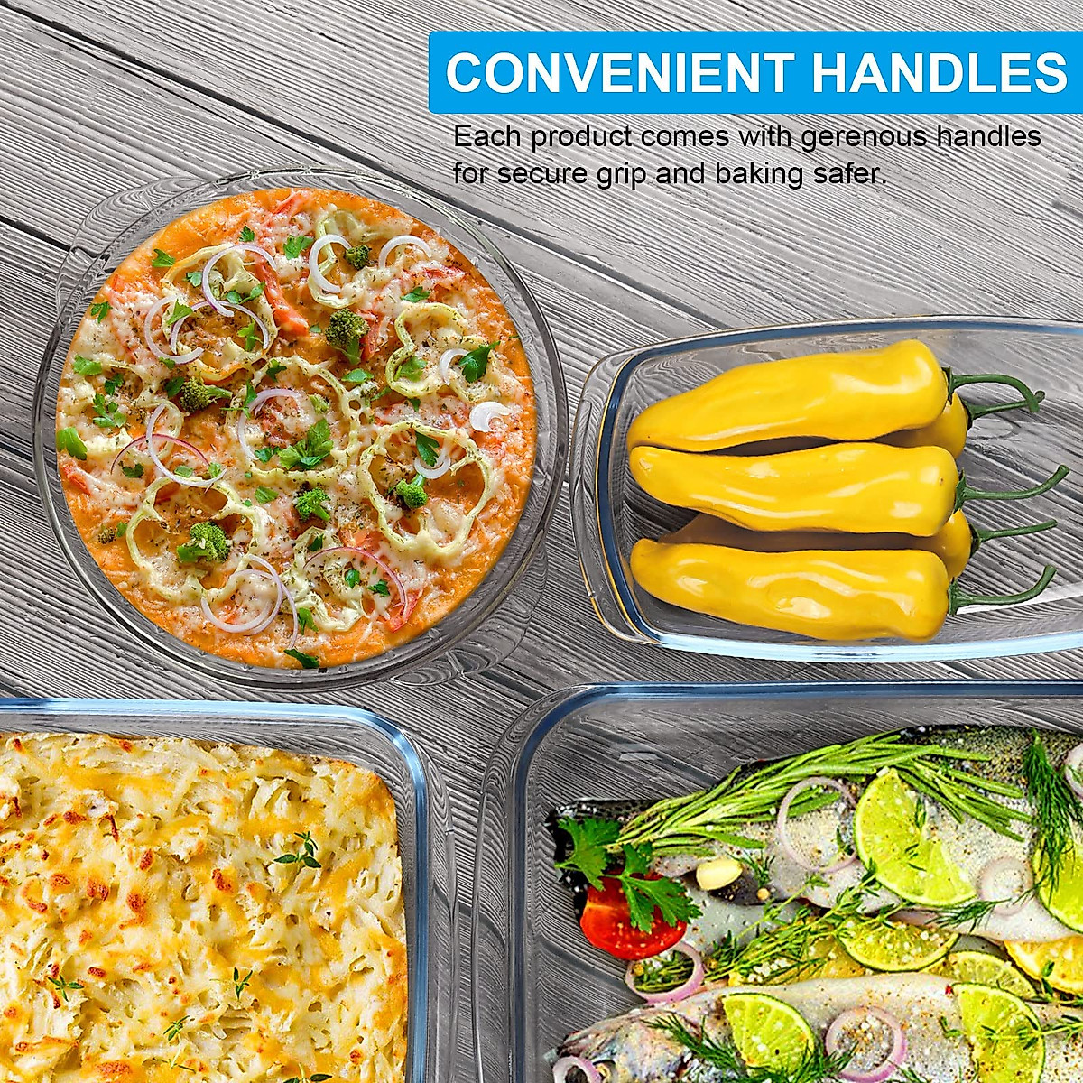 7-Piece Glass Bakeware Set, Baking Dishes, Glass Loaf Pan with Lids, Glass Pie Plate, 9x13 Roasting Pan, Square Pan, Fridge-to-Oven-Friendly