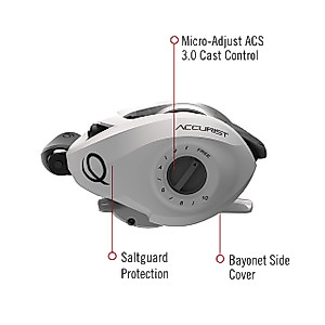 Quantum Accurist Baitcast Fishing Reel, Size 100 Reel, Right-Hand Retrieve, Oversized Non-Slip Handle Knobs and Continuous Anti-Reverse Clutch, One-Piece Aluminum Frame, 7.0:1 Gear Ratio, White
