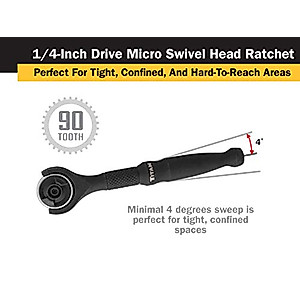 Titan 11313 1/4-Inch Drive x 4-Inch 90-Tooth Swivel Head Micro Ratchet - Black, Factory