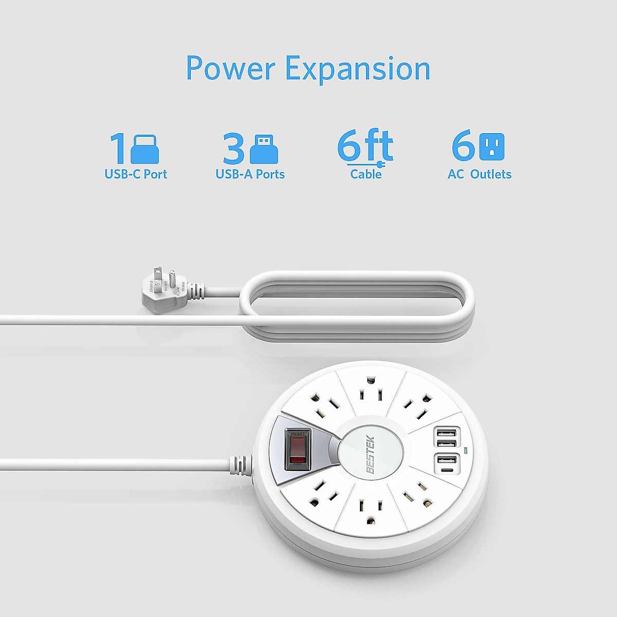USB C Power Strip, BESTEK 6Ft Extension Cord with 6-Outlet 4 USB Ports(1 PD 20W USB C, 3 USB A), Surge Protector Power Strip with Overload Protection for Dorm, Home, Office, 220J