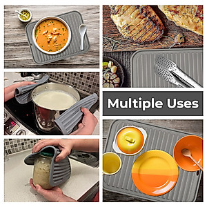 Silicone Trivets for Hot Pots and Pans (4 Pack) - Multipurpose Silicone Trivets for Hot Dishes and Hot Pot Holders (9 x 12 inch) - Silicone Heat Resistant Mats for Kitchen by Linda's Essentials (Grey)