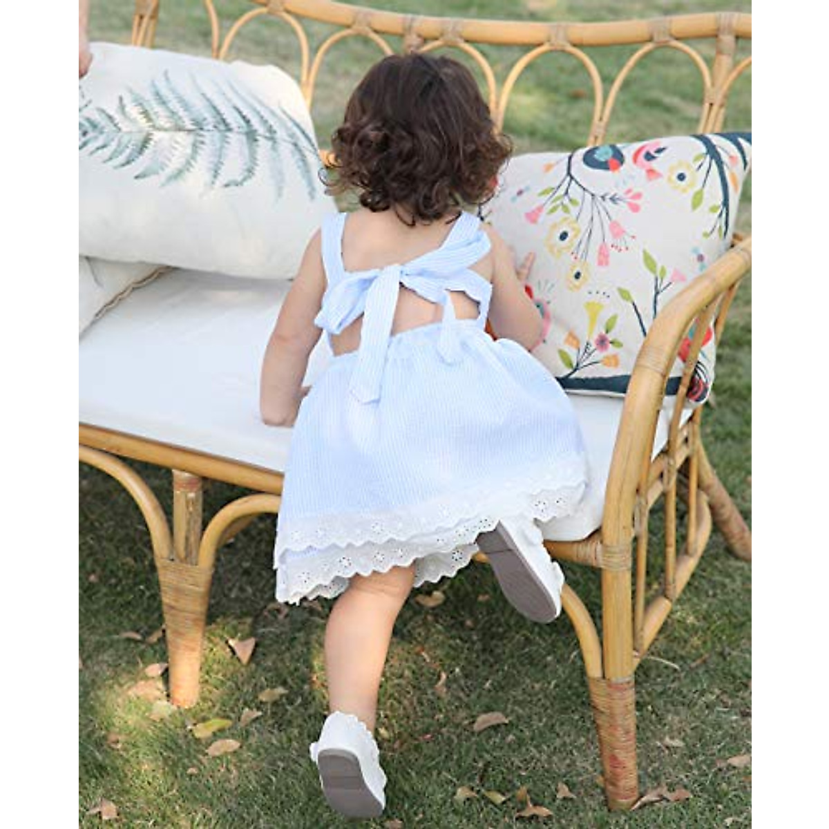 Toddler Girl Dress Cool Summer Young Girl Blue Striped Lace Suspender Party Pageant Dress