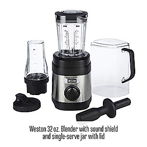 Weston Sound Shield Pro Series 1.6hp Blender with 32oz + 20oz Blend-in Personal Jar, Variable Speed Dial for Puree, Ice Crush, Shakes and Smoothies, Black and Stainless Steel (58918)
