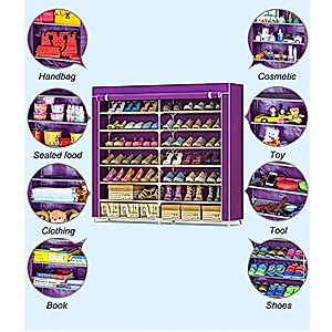 IBEQUEM Double Row 7-Tier Shoe Rack, Stackable Non Woven Cover Shoe Storage Cabinet, Metal Shoe Tower Cabinet Holds 28 Pair, Portable Shoe Shelf for Closet, Balcony, Bedroom Entryway (Coffee)