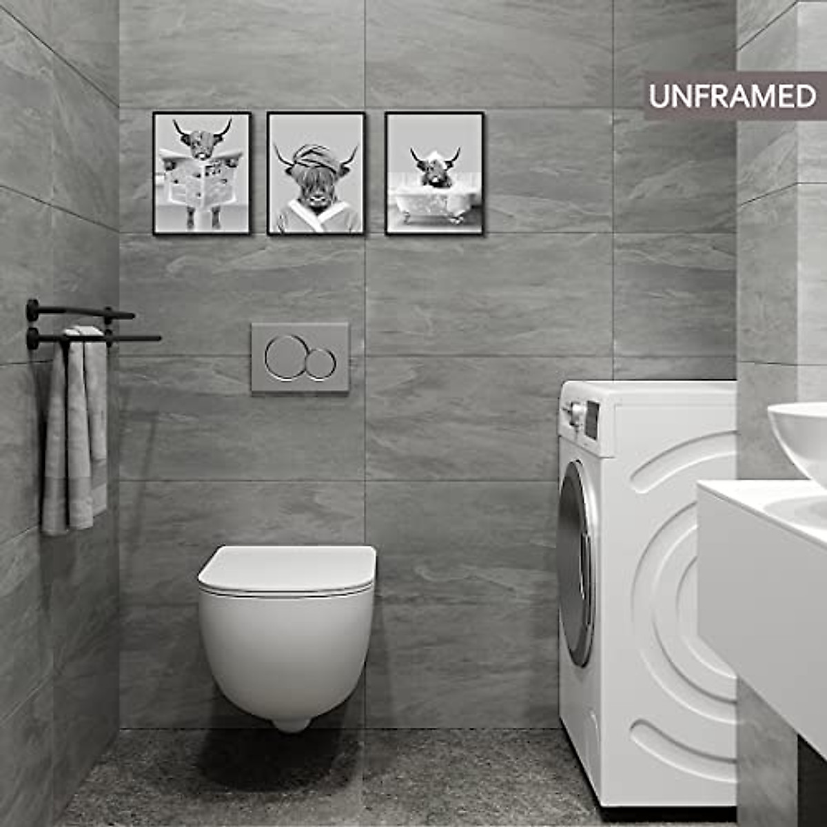 Grdenia Art Funny Bathroom Decor Prints Set of 3, Black and White Highland Cow Decor Reading Newspaper Take Bath Animal Poster Farmhouse Bathroom Restroom Decorations 8x10 UNFRAMED Housewarming Gift
