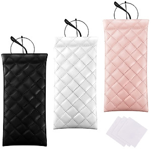 3 Pcs Soft Eyeglasses Case Bulk Sunglasses Pouch Women Sunglass Organizer Squeeze PU Leather Portable Glasses Case Sunglass Sleeve (Black, White, Pink)