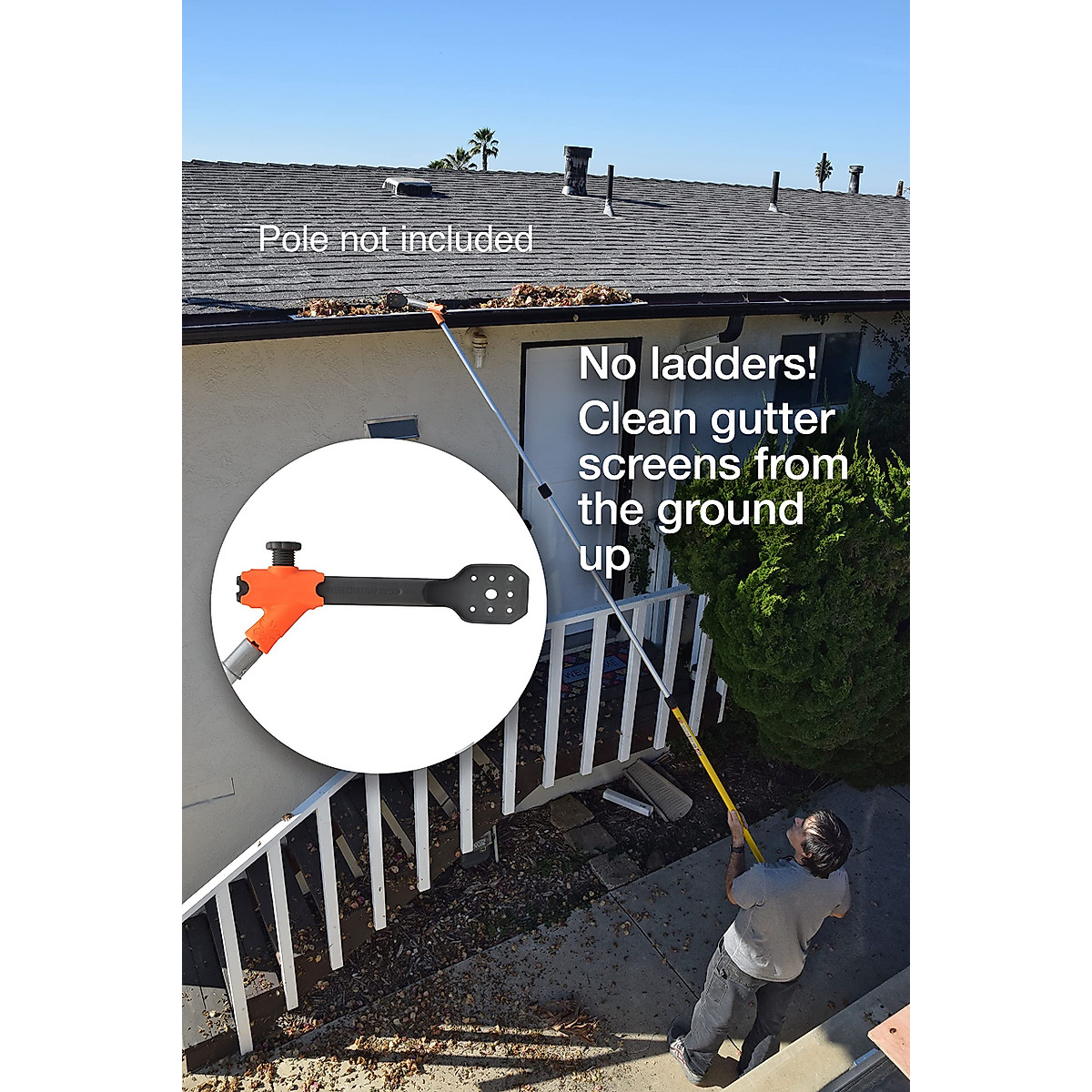 MCCAULEY GUTTER CLEANER PRO, gutter cleaning from The ground, PLUS clean from roof and ladder, and clean off gutter guards from The ground.