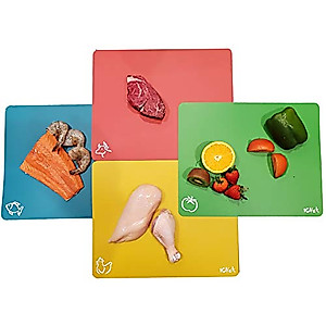 1 Click Extra Thick Flexible Plastic Cutting Board Mats with Food Icons &"EZ-Grip" Waffle Back, (set of 4), For Kitchen & Bar