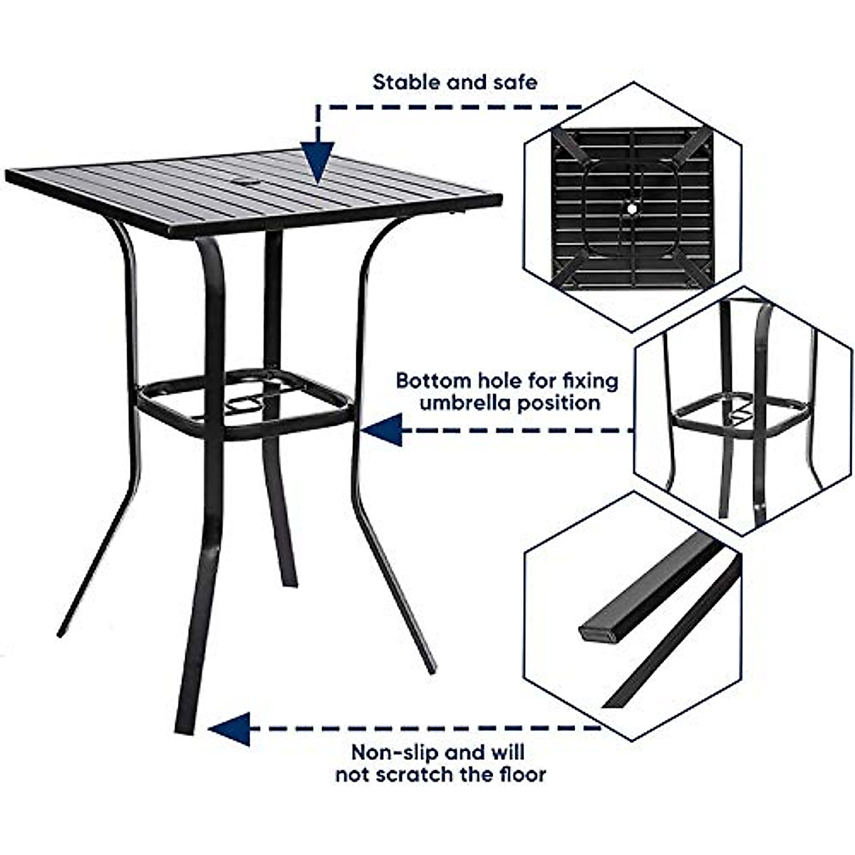 SOLAURA Outdoor Patio Bar Height Table Patio Slat Table Top/Metal Frame, Umbrella Hole for Lawns, Poolside, Deck, Garden