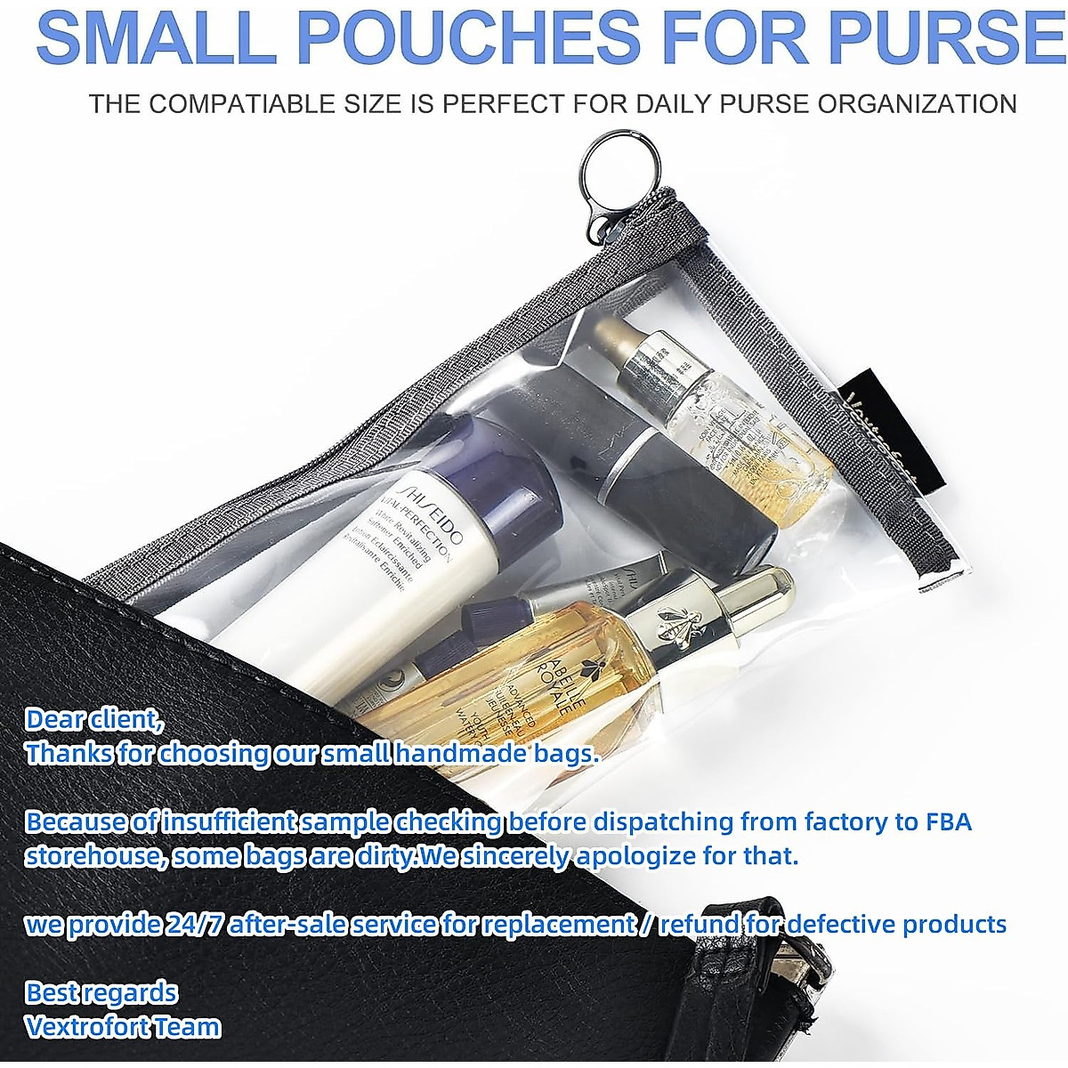 VEXTROFORT Small Makeup Pouches for Purse, Mini Clear Zipper Bag, 5 Pieces Waterproof Travel Organizer for Women Girls Waterproof (Black, Gray, Rose Red, Blue, Yellow)