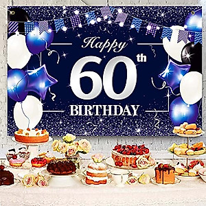 P.G Collin Happy 60th Birthday Banner Backdrop Sign Background 60 Birthday Party Decorations Supplies for Him Men 6 x 4ft Blue Purple, Blue White