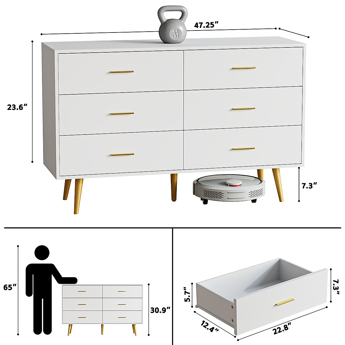 JOZZBY Dresser for Bedroom with 6 Drawers, Wooden White Dresser with Golden Handles, Modern Chests of Drawer Storage Organizer for Hallway, Entryway