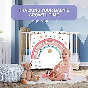 PHMOJEN Colorful Rainbow Baby Monthly Milestone Blanket, Girl Crown Star Pattern, Newborns 1 to 12 Months Unisex Include 4 Frames and 1 Headband 47"x47" BTLSPH634