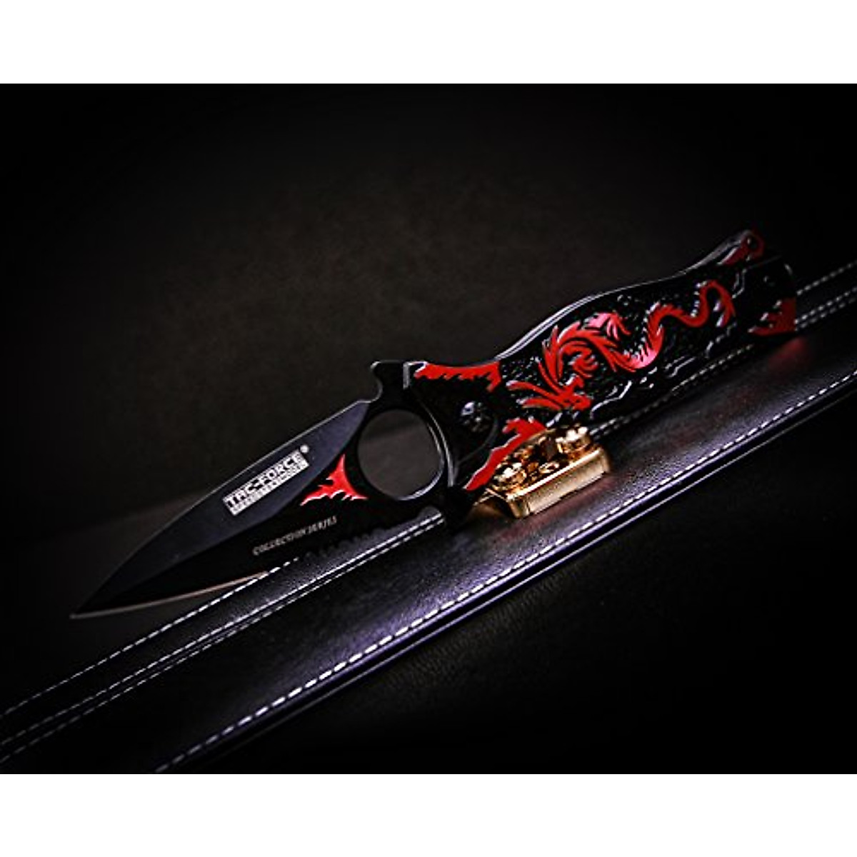 Tac-Force- Spring Assisted Folding Pocket Knife – Black Partially Serrated Blade, Black Aluminum Handle w/ Red Dragon Design, Glass Punch and Pocket Clip, Tactical, EDC, Rescue - TF-707RD