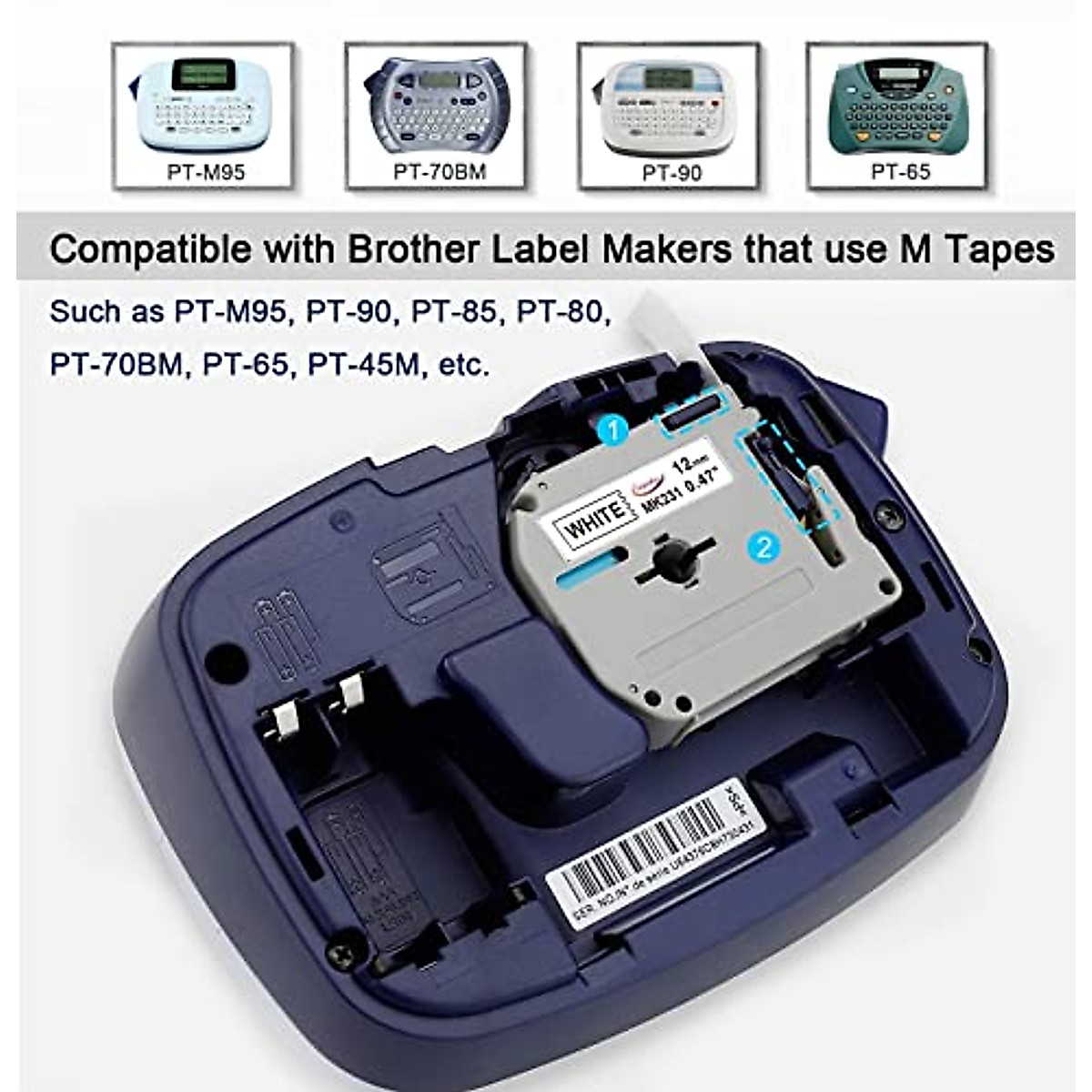 Anycolor Compatible M-K231s Label Tape Replacement for Brother P Touch M Tape M-K231 M231 MK231 12mm 0.47 White, Work with Brother Ptouch PT-M95 PT-90 PT-70 PT-65 PT-85 45 Label Maker Refills, 4-Pack