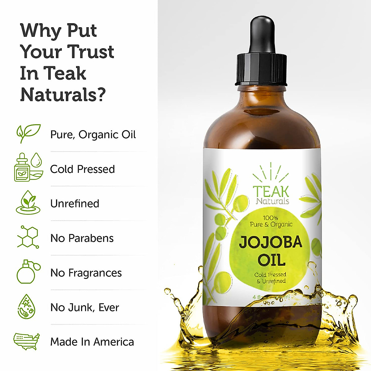Teak Naturals Cold Pressed Organic Jojoba Oil Natural Unrefined Pure Jojoba Oil Moisturizer for Skin Hair and Nails - 4 Ounces