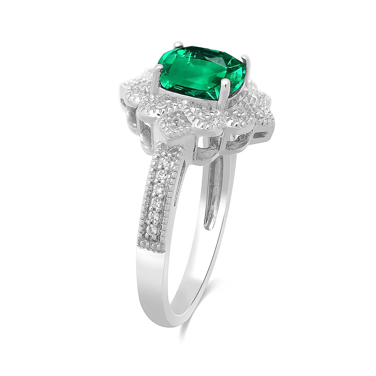 Jewelili Sterling Silver 8x8 MM Cushion Shape Created Emerald and 1/6 Cttw Natural White Round Diamond Ring, Size 7