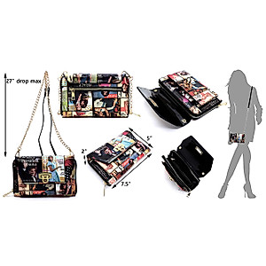 Amy & Joey Glossy Magazine Cover Collage Michelle Obama Printed Crossbody Wallet Clutch Bags with Flap and Zip Around Closure (Single Zip-Multi/Black)