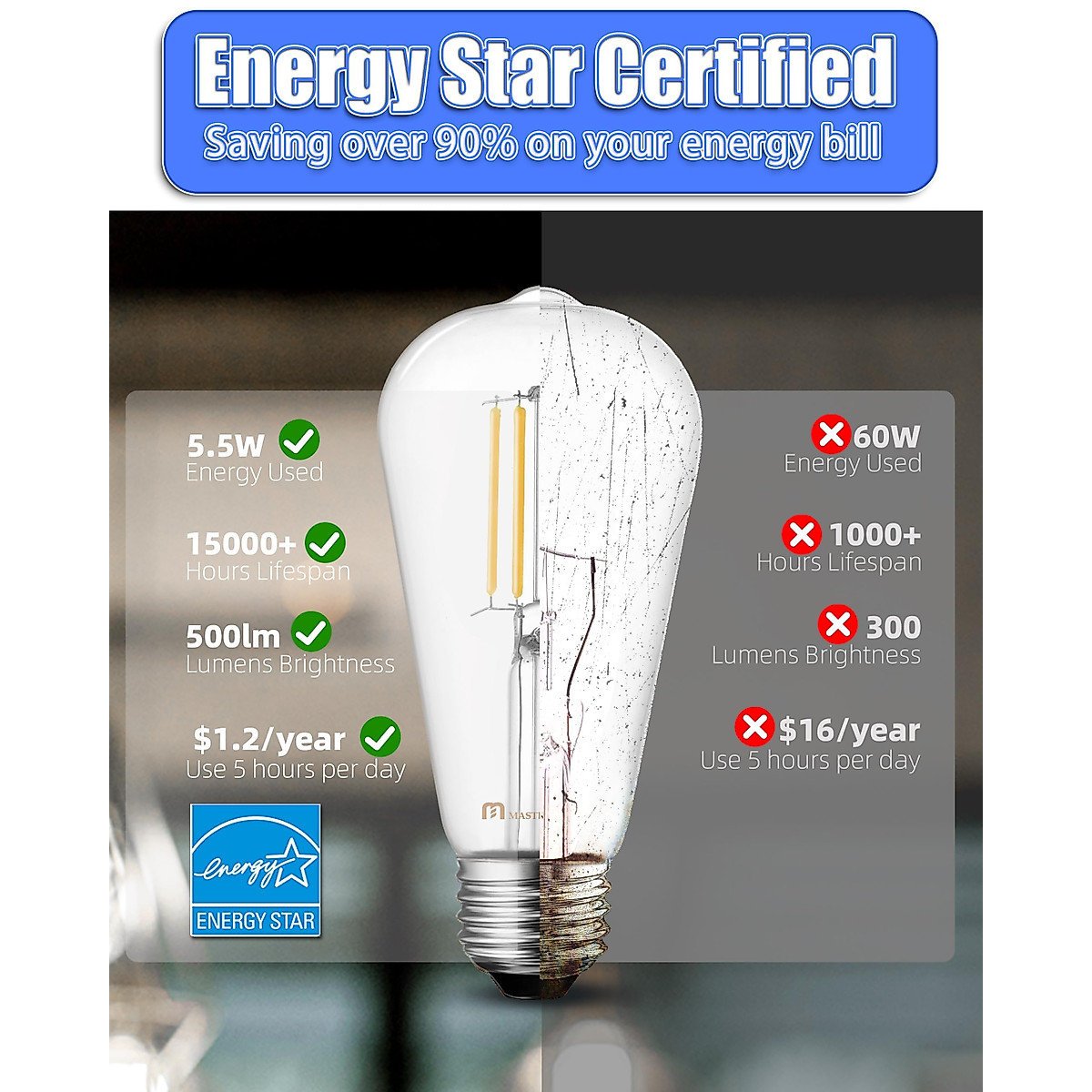 MASTERY MART Dimmable E26 Edison Bulbs 6 Pack, 5.5W LED Light Bulbs (60W Equivalent), Cool White 4000K, Clear Glass ST19 ST21