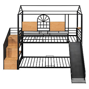 Merax Twin Over Twin Metal Bunk Bed, Metal House Bed with Slide and Storage Stair, Black Bed Frame with Black Slide