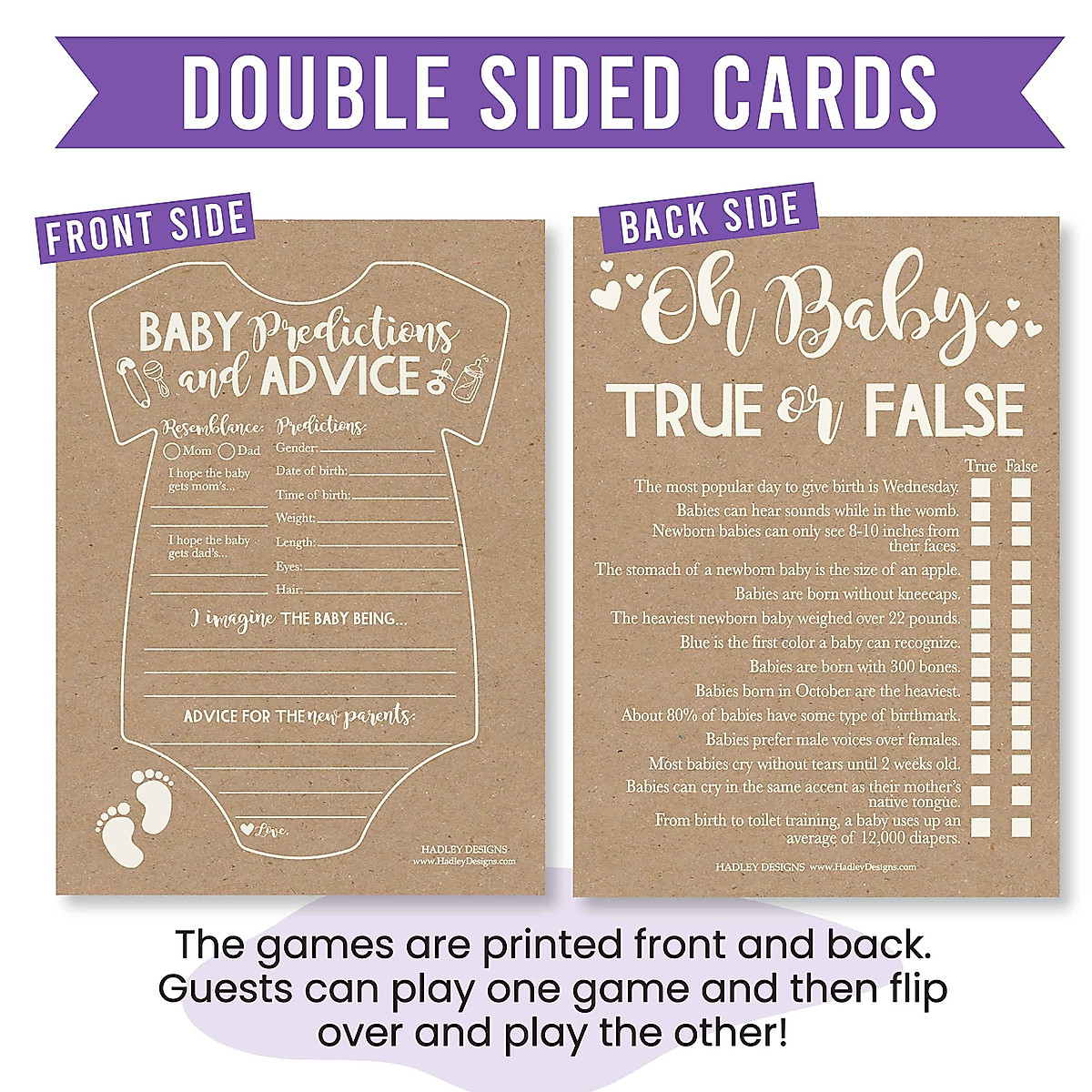 Hadley Designs Rustic Baby Shower Games Gender Neutral - 50 cards, Two 25-game sets, 4 Games Double Sided, Baby Prediction And Advice Cards, Baby Trivia, True Or False Baby Game, Gender Reveal Games