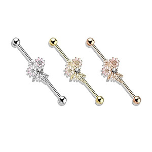 Pierced Owl 14GA Stainless Steel CZ Crystal and Enamel Flower Bouquet Industrial Barbell (Rose Gold Tone)